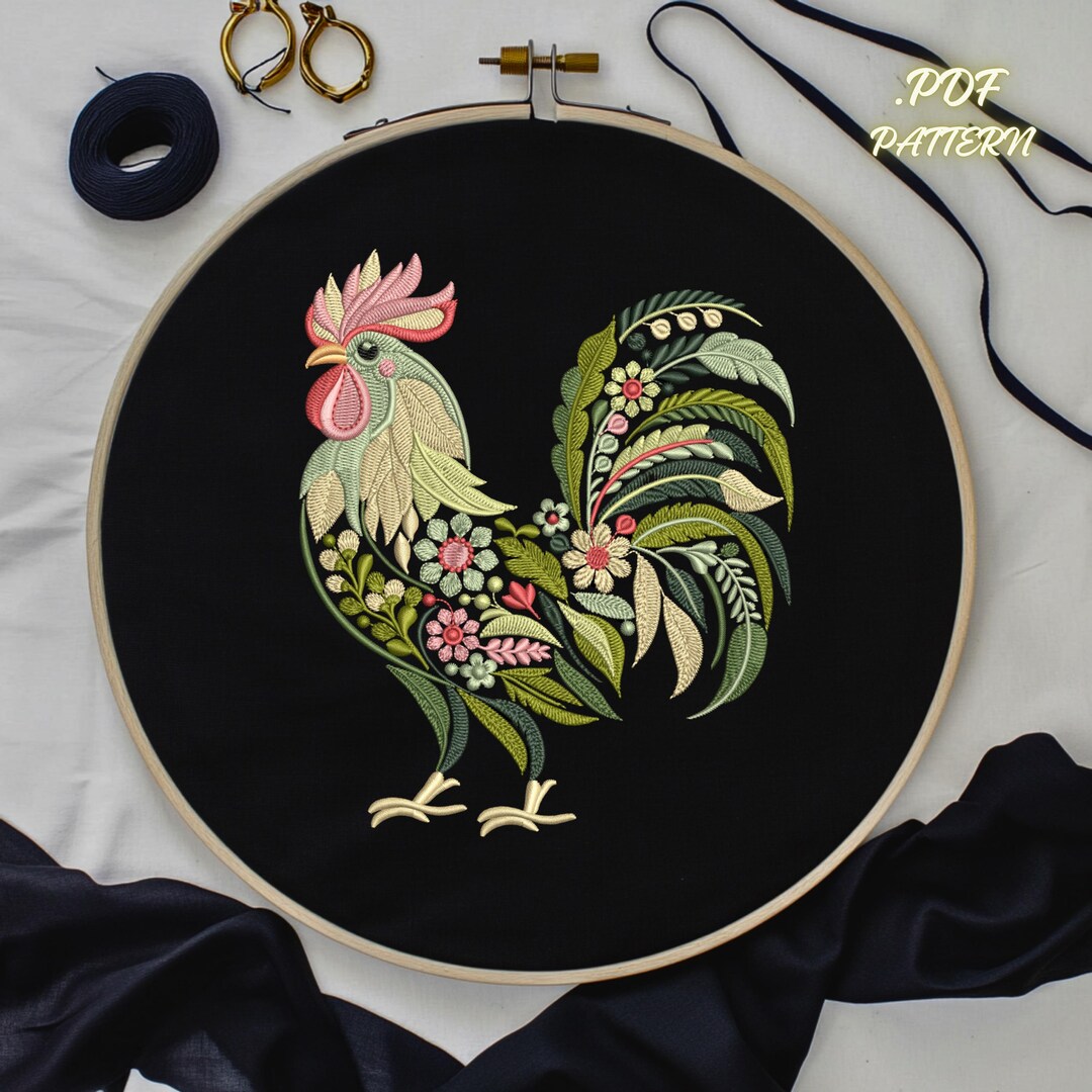 Floral Rooster Hand Embroidery Pattern – Digital PDF for DIY Needlework ...