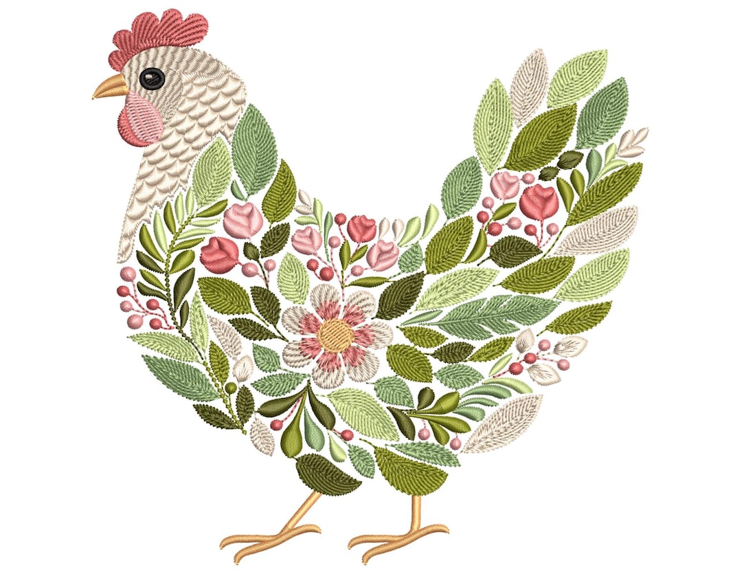 Floral Chicken Embroidery Design: Rustic Farmhouse Hen, Chiken ...