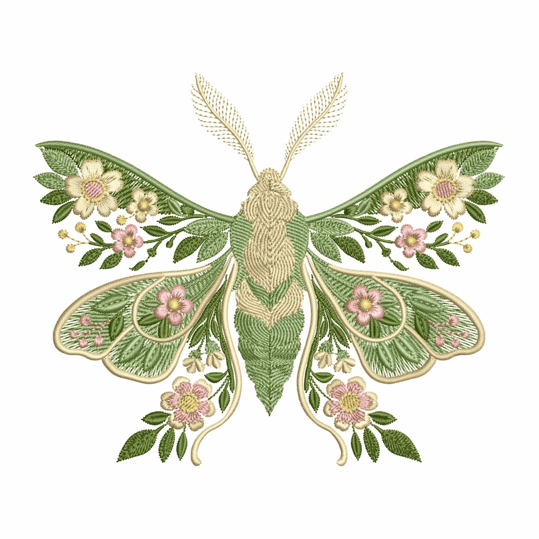 Embroidery Moon Moth With Flowers, Nature Insect Design in 6 Sizes ...