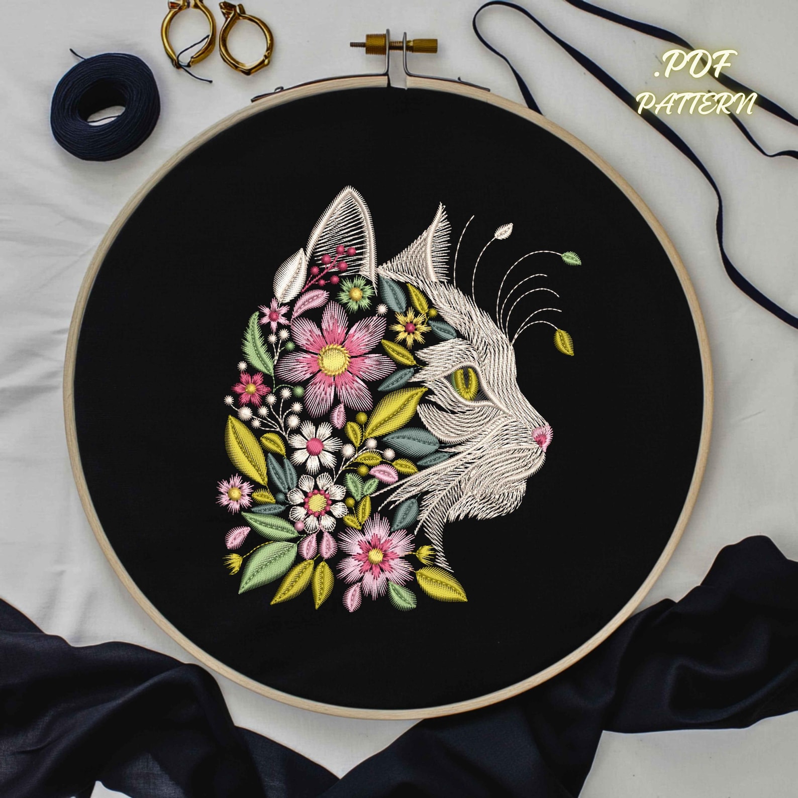 Cat With Floral Embroidery Pattern – Digital PDF for DIY Needlework ...