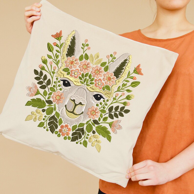 Floral Alpaca Machine Embroidery Design, Boho Animal Embroidery Pattern ...