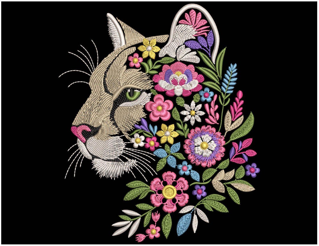 Floral Cougar Embroidery Design: Wild Puma Pattern, Cougar Machine ...