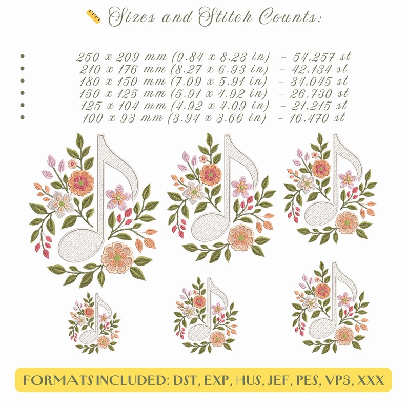 Elegant Floral Music Note Embroidery Design, Music Note Embroidery ...