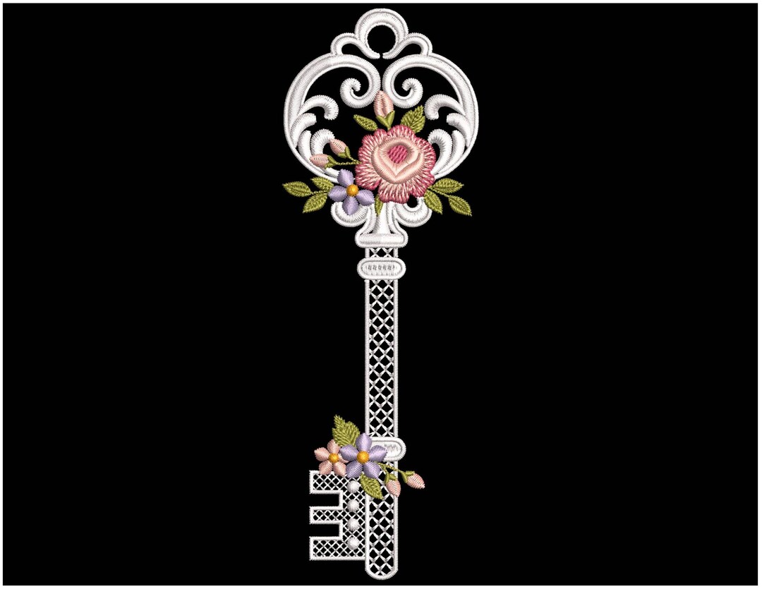 Floral Key Embroidery Design, Vintage Romantic Lace Key With Flowers ...