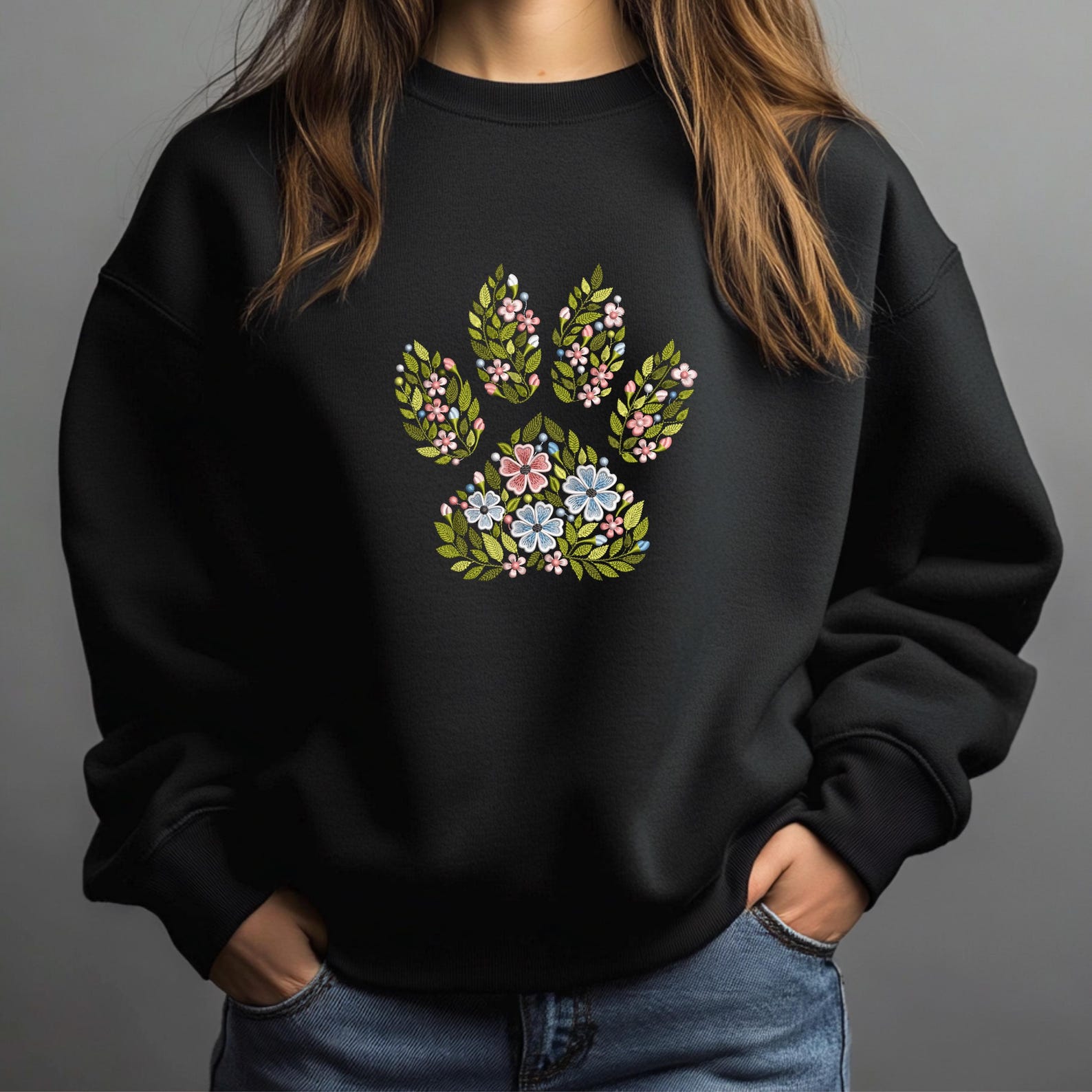 Floral Paw Print Machine Embroidery Design, Dog Paw Embroidery Design ...