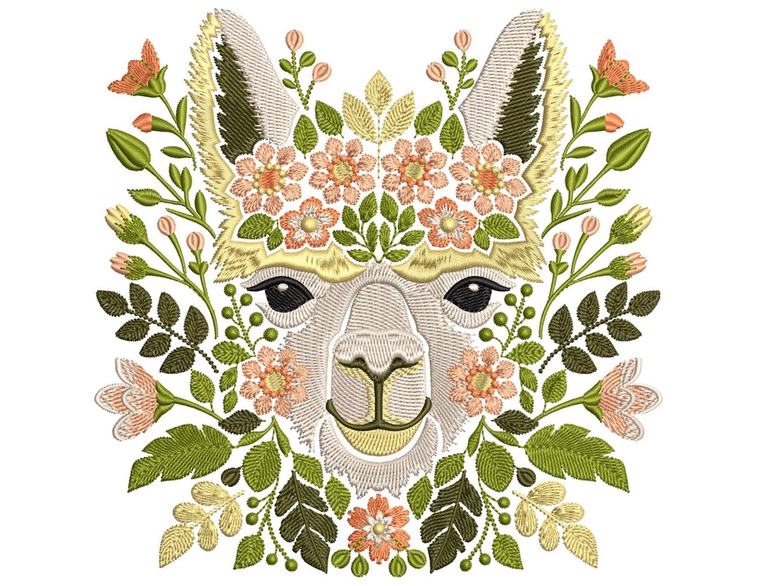 Floral Alpaca Machine Embroidery Design, Boho Animal Embroidery Pattern ...