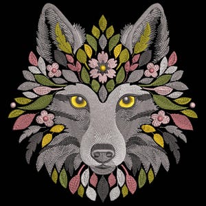 Wolf Embroidery Design, Floral Wolf Machine Embroidery Design, Wolf ...