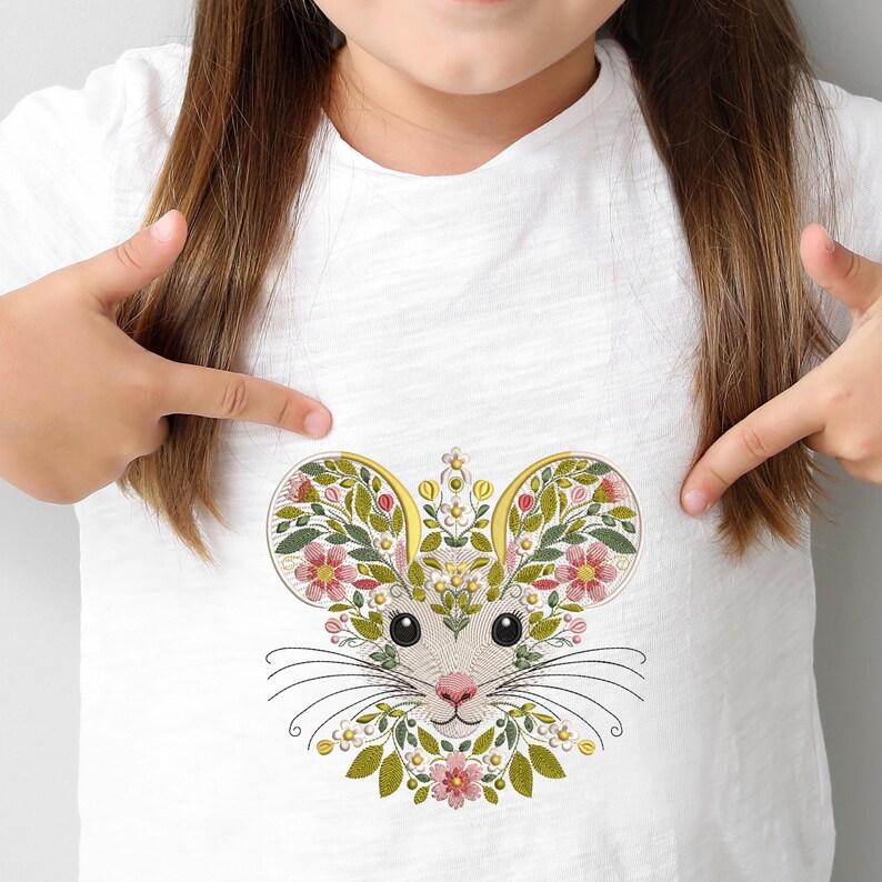 Floral Mouse Embroidery Design, Mouse Machine Embroidery Design, Floral ...