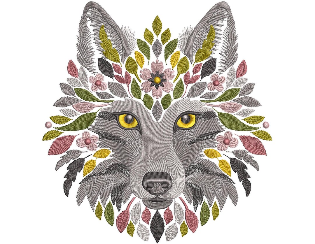 Wolf Embroidery Design, Floral Wolf Machine Embroidery Design, Wolf ...