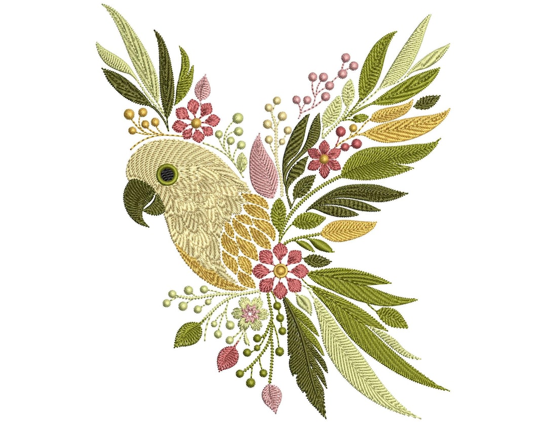 Floral Parrot Embroidery Design, Bird Embroidery Design, Parrot Pattern ...