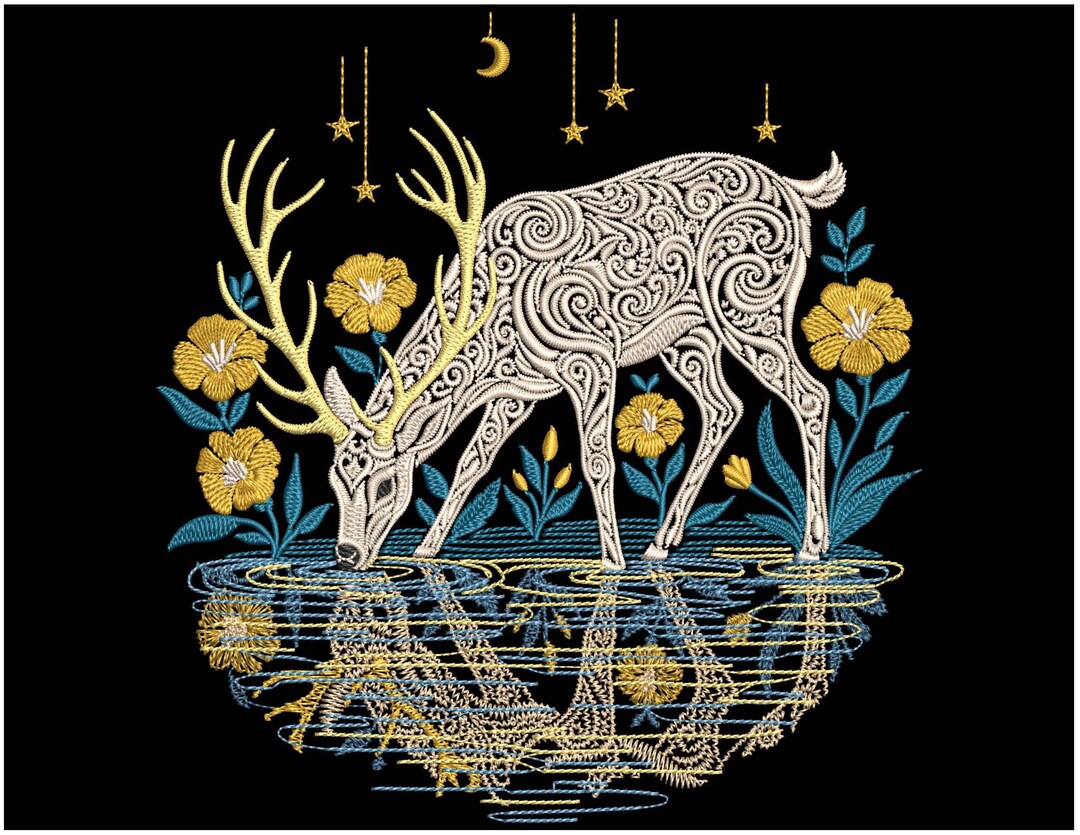 Magic Deer Embroidery Design, Mystical Stag Reflecting Water Embroidery ...