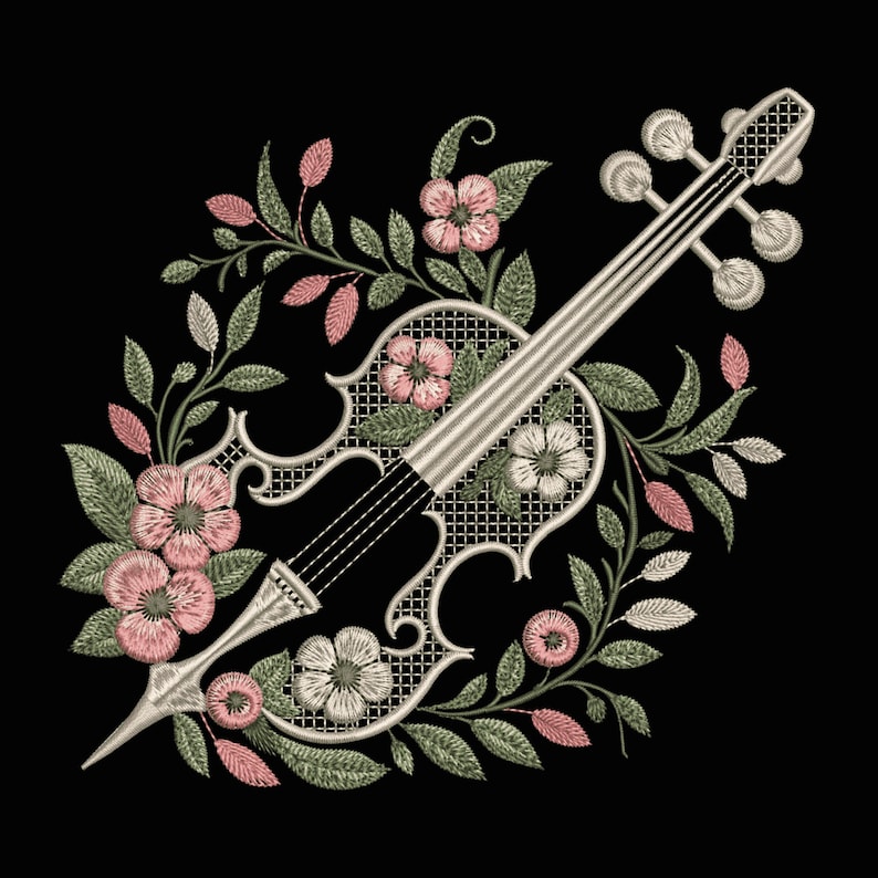 Floral Cello Embroidery Design in Baroque Style, for Music Lovers ...