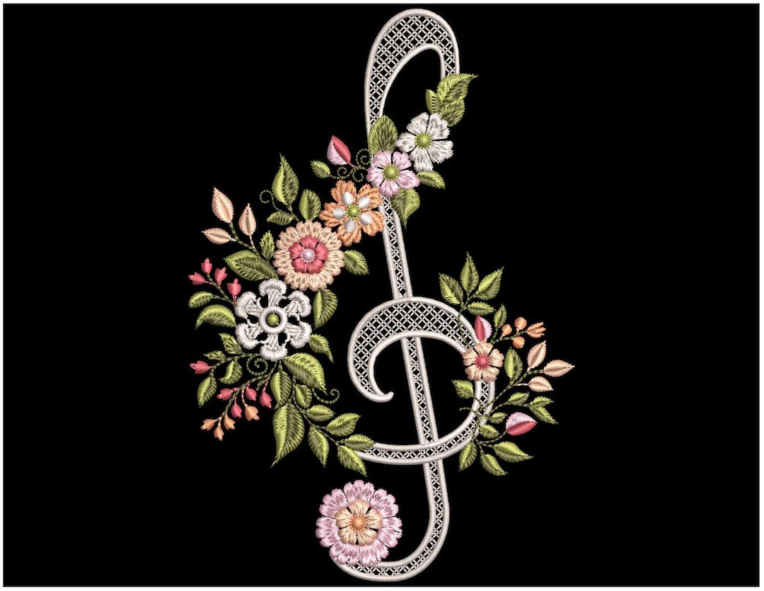 Floral Treble Clef Embroidery Design: Music Gift Decor PES DST, Digital ...