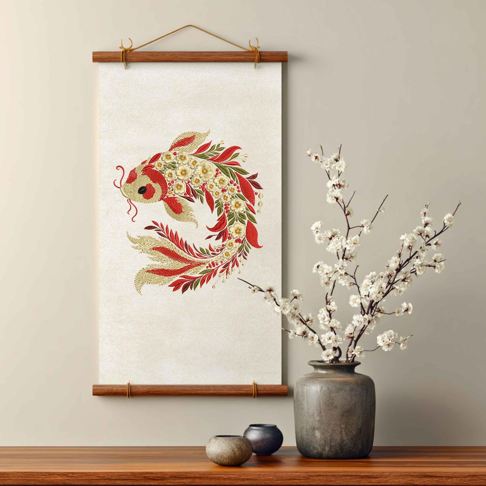 Koi Fish Embroidery Design, Stunning Floral Koi Fish, Machine ...
