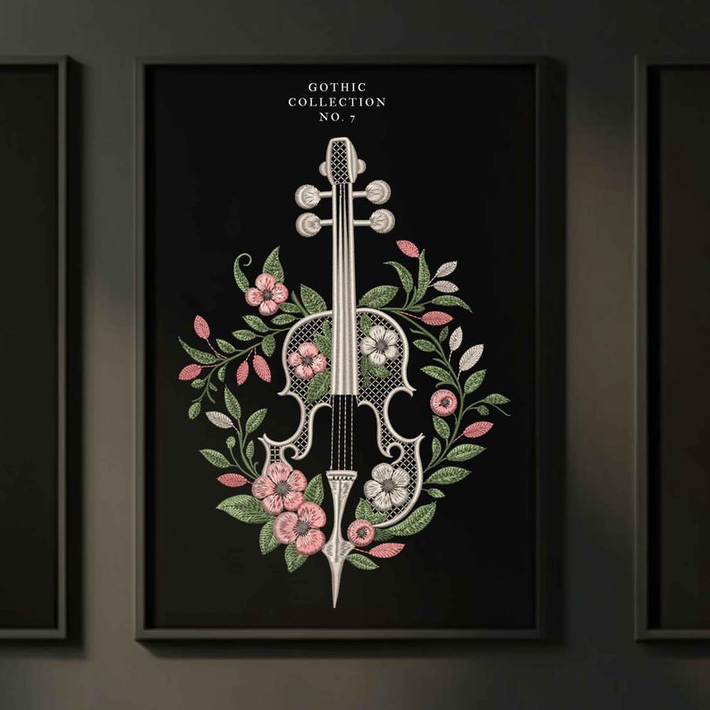 Floral Cello Embroidery Design in Baroque Style, for Music Lovers ...