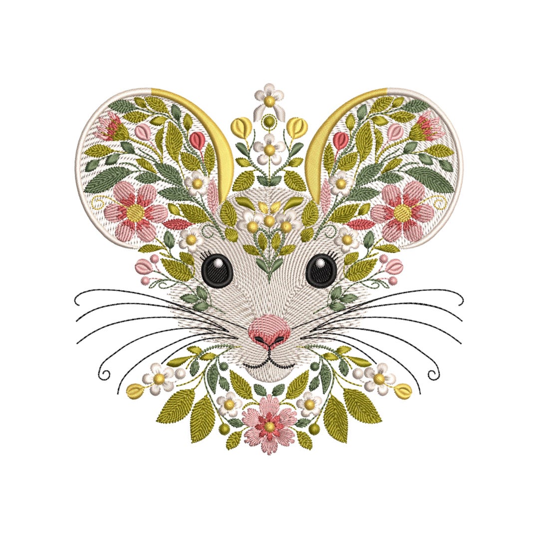 Floral Mouse Embroidery Design, Mouse Machine Embroidery Design, Floral ...