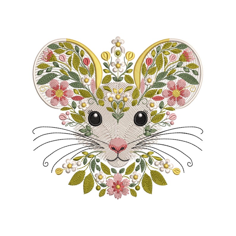 Floral Mouse Embroidery Design, Mouse Machine Embroidery Design, Floral ...