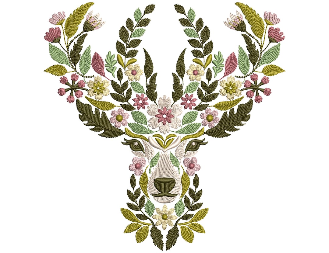 Floral Deer Embroidery Design, Deer Machine Embroidery Design, Deer Pattern, Reindeer Embroidery ...