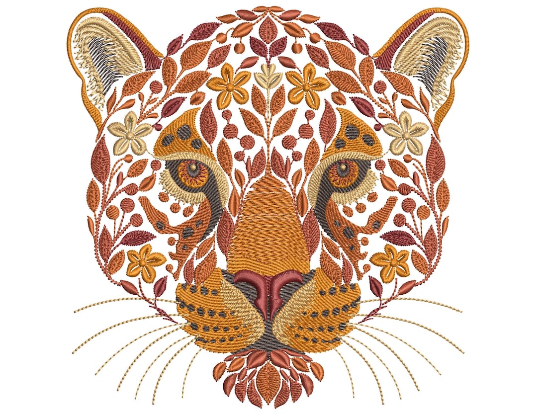 Autumn Jaguar Machine Embroidery Design, Floral Wild Cat Machine ...