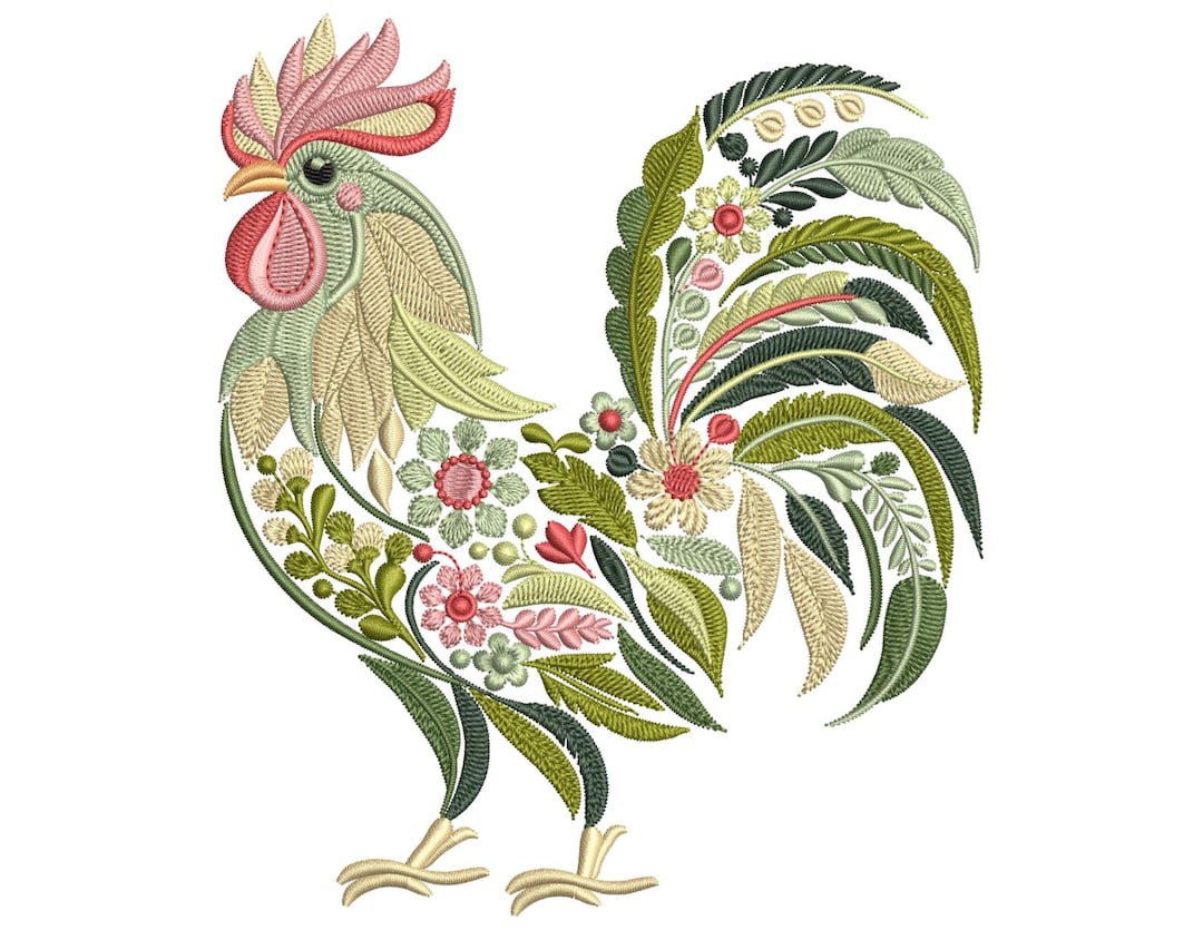 Floral Rooster Embroidery Design: Rustic Farmhouse Decor PES, DST, EXP ...