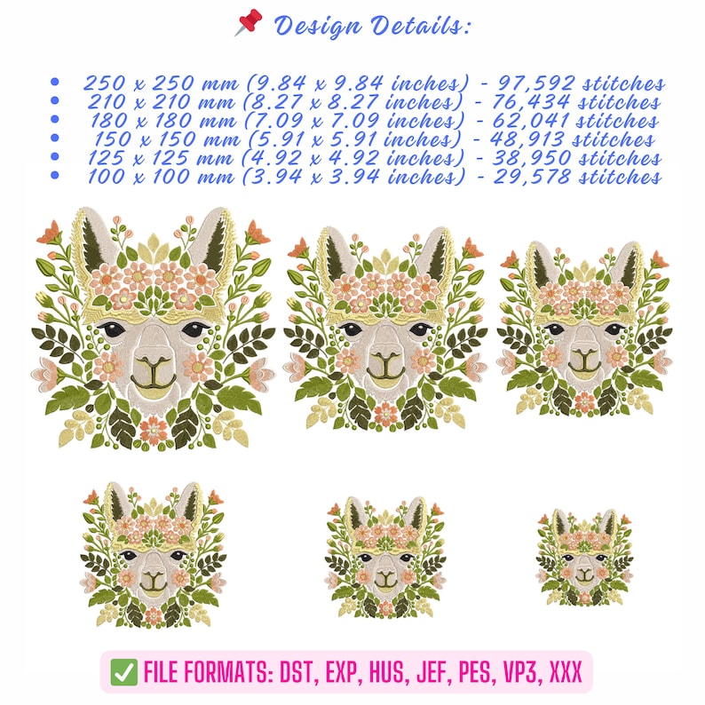Floral Alpaca Machine Embroidery Design, Boho Animal Embroidery Pattern ...