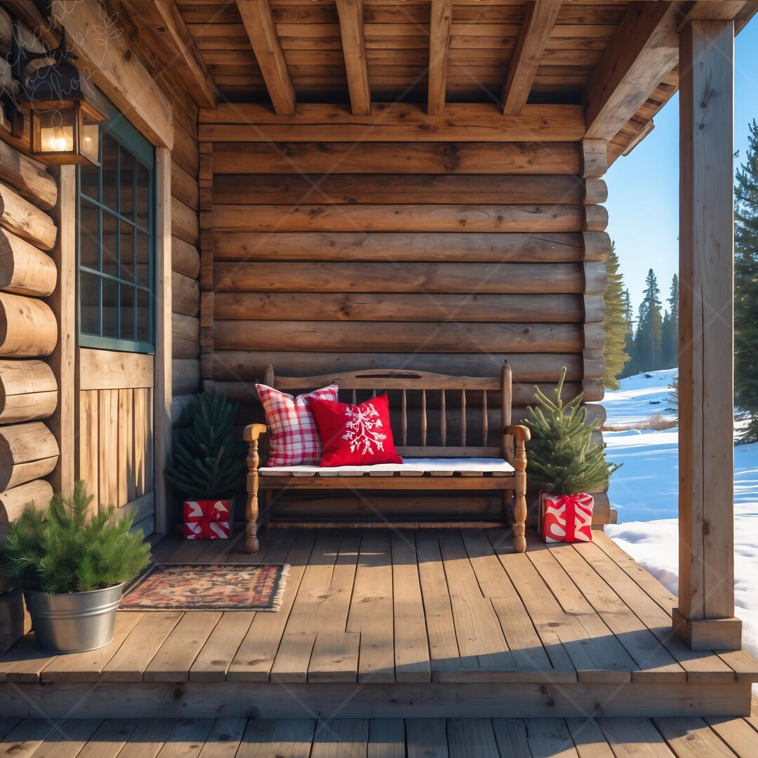 Christmas Cabin Porch Mockup - Cozy Holiday Blank Wall Scene - Rustic ...