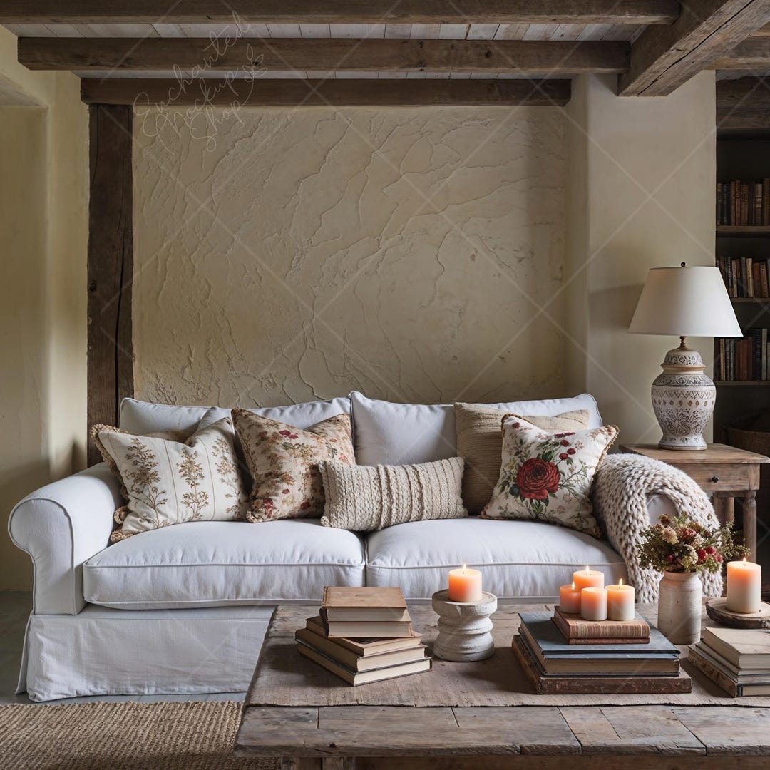 Blank Wall Cottage Den Mockup-farmhouse Cottagecore Sofa-family Room ...