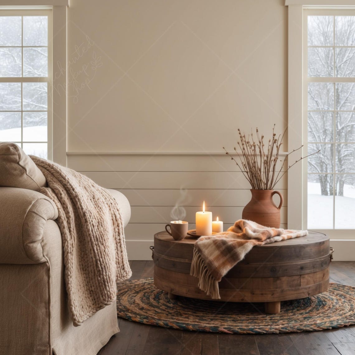 Blank Wall Cottage Den Mockup-winter Farmhouse Cottagecore-family Room ...
