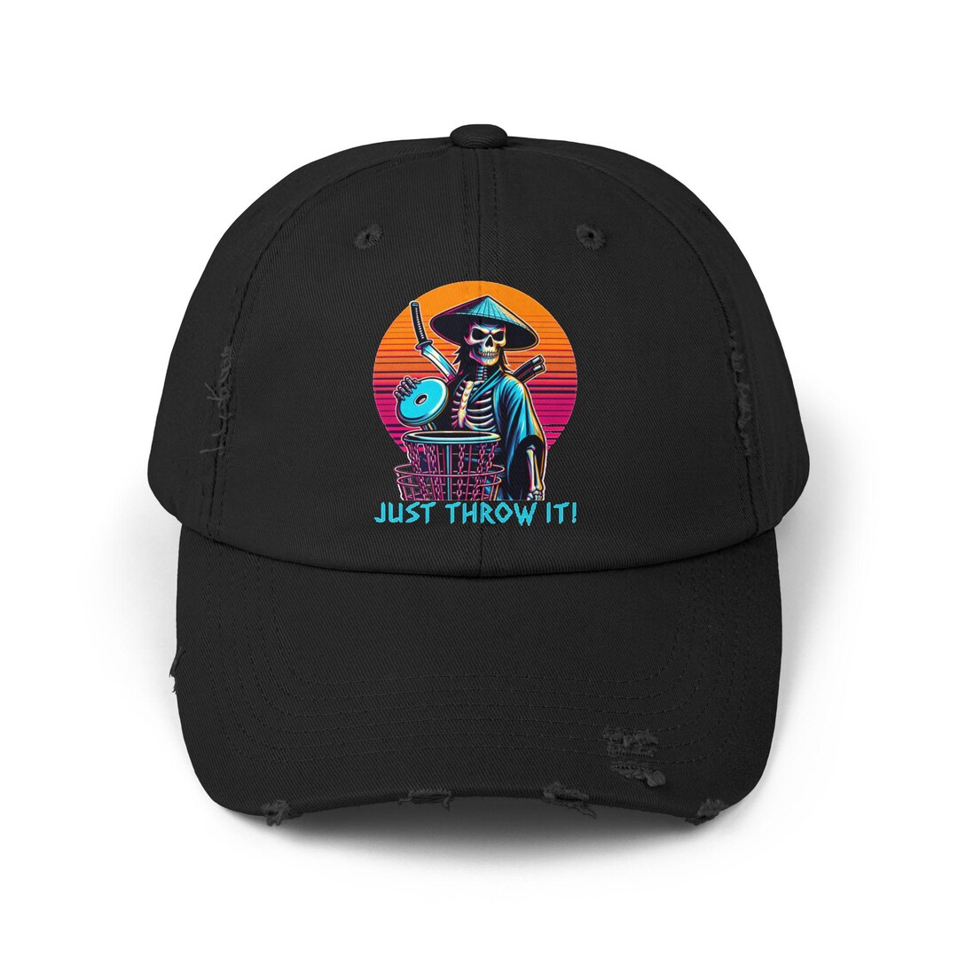 Distressed Cap, Disc Golfing Skeleton Art Hat, Baseball Cap, Outdoor ...