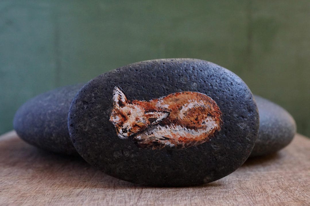 Hand Painted Fox on Natural Pebble, Rock, Stone Original Miniature ...