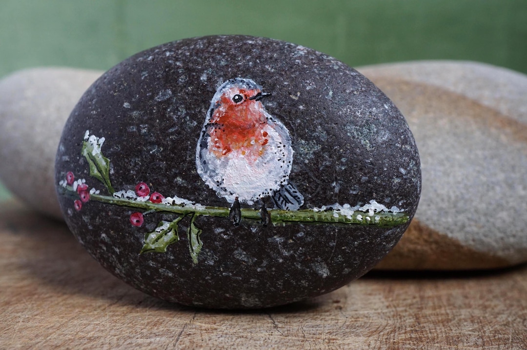 Winter Robin Pebble Art: Hand-painted Holly Rock Art Ornament - Etsy