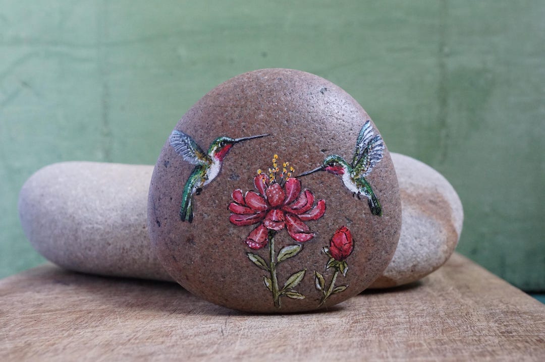 Hand Painted Nectar-sipping Hummingbirds With Red Flower on Stone ...