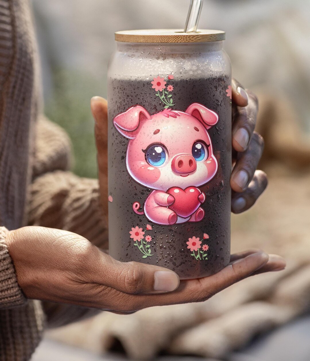 Pig and Flowers Drinking Glass, Cute Farm Animal Floral Drinking Cup ...
