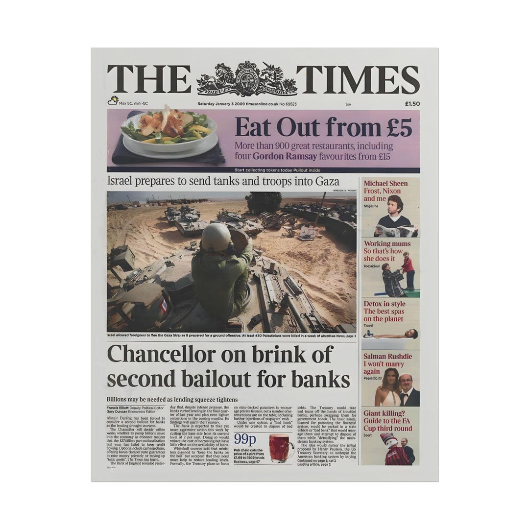 Bitcoin Newspaper Genesis Block Poster | Chancellor on the Brink ...