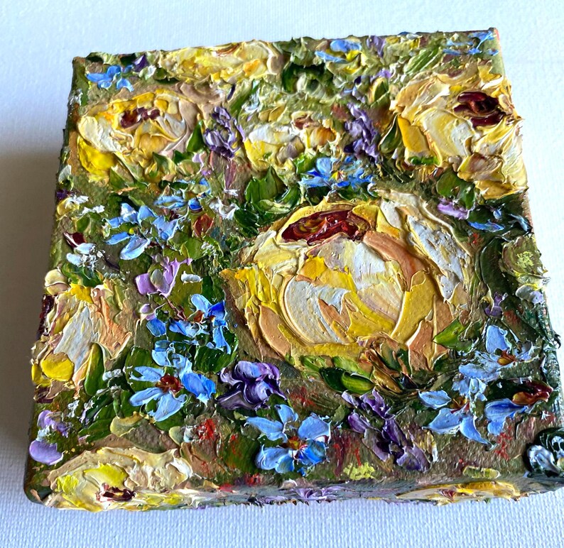 Original Impasto Oil Painting Yellow Roses & Daisies Floral Art (4"x4 ...