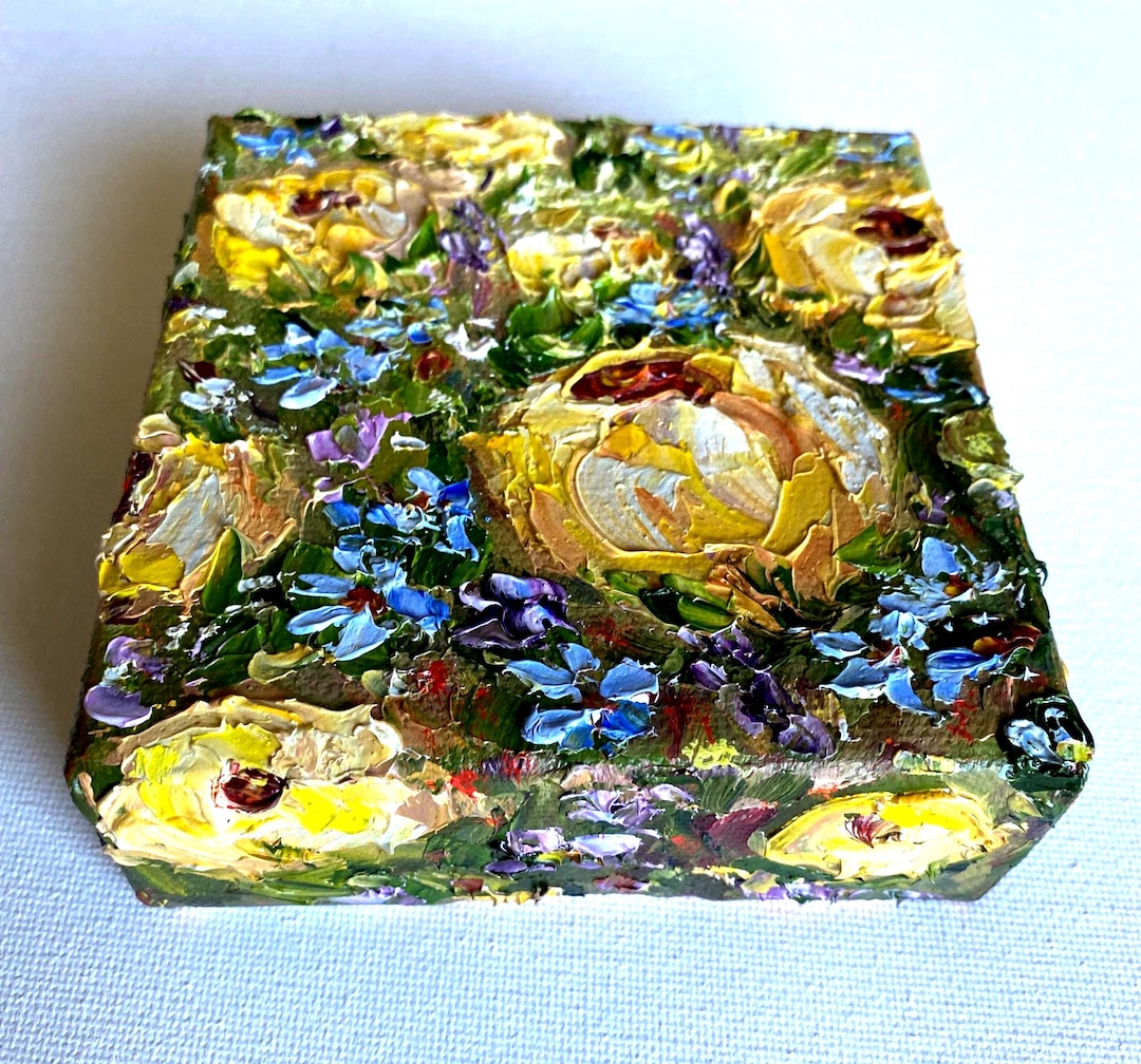 Original Impasto Oil Painting Yellow Roses & Daisies Floral Art (4"x4 ...