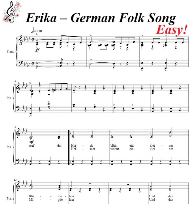 Erika German Folk Song Piano Sheet Music Beginner Level (digital ...