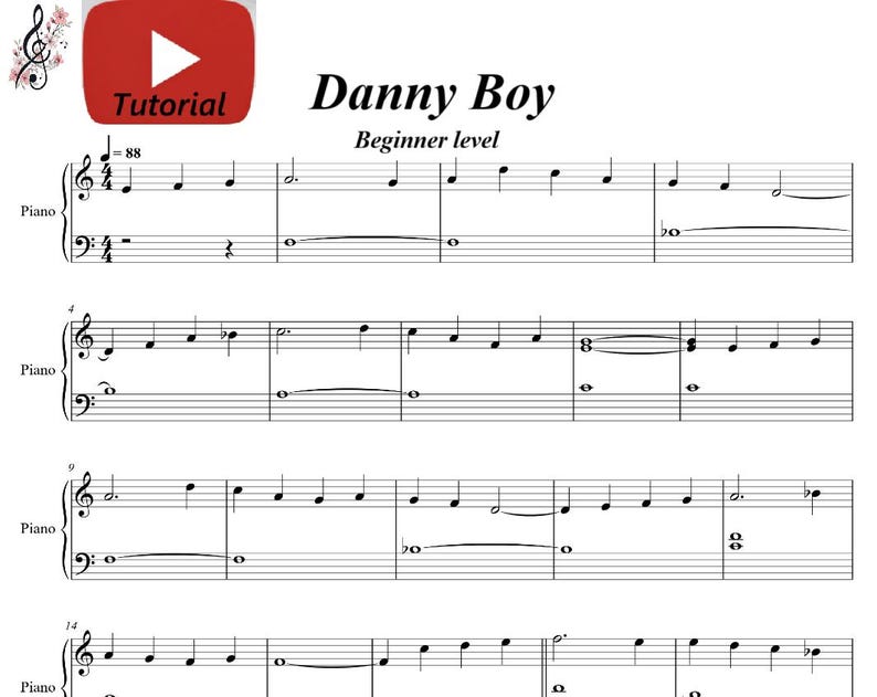 Danny Boy Piano Sheet Music | Beginner Level PDF + Youtube Tutorial ...