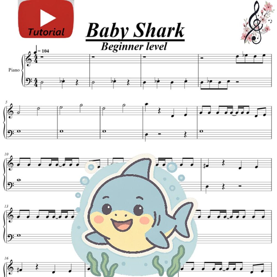 Baby Shark Piano Sheet Music: Beginner Level (PDF Pattern) Includes ...
