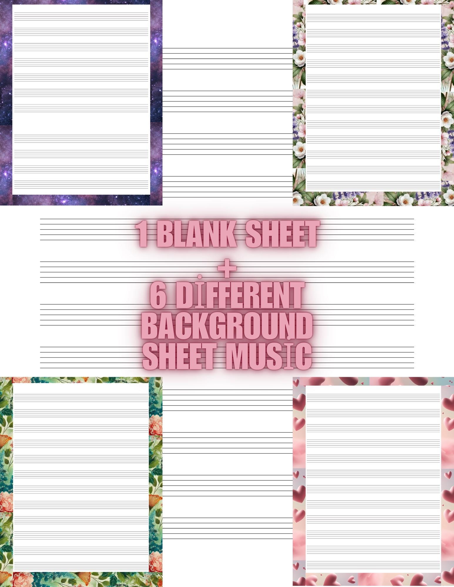 Blank Sheet + 6 Colorful Background Sheet Music Templates for Musicians ...