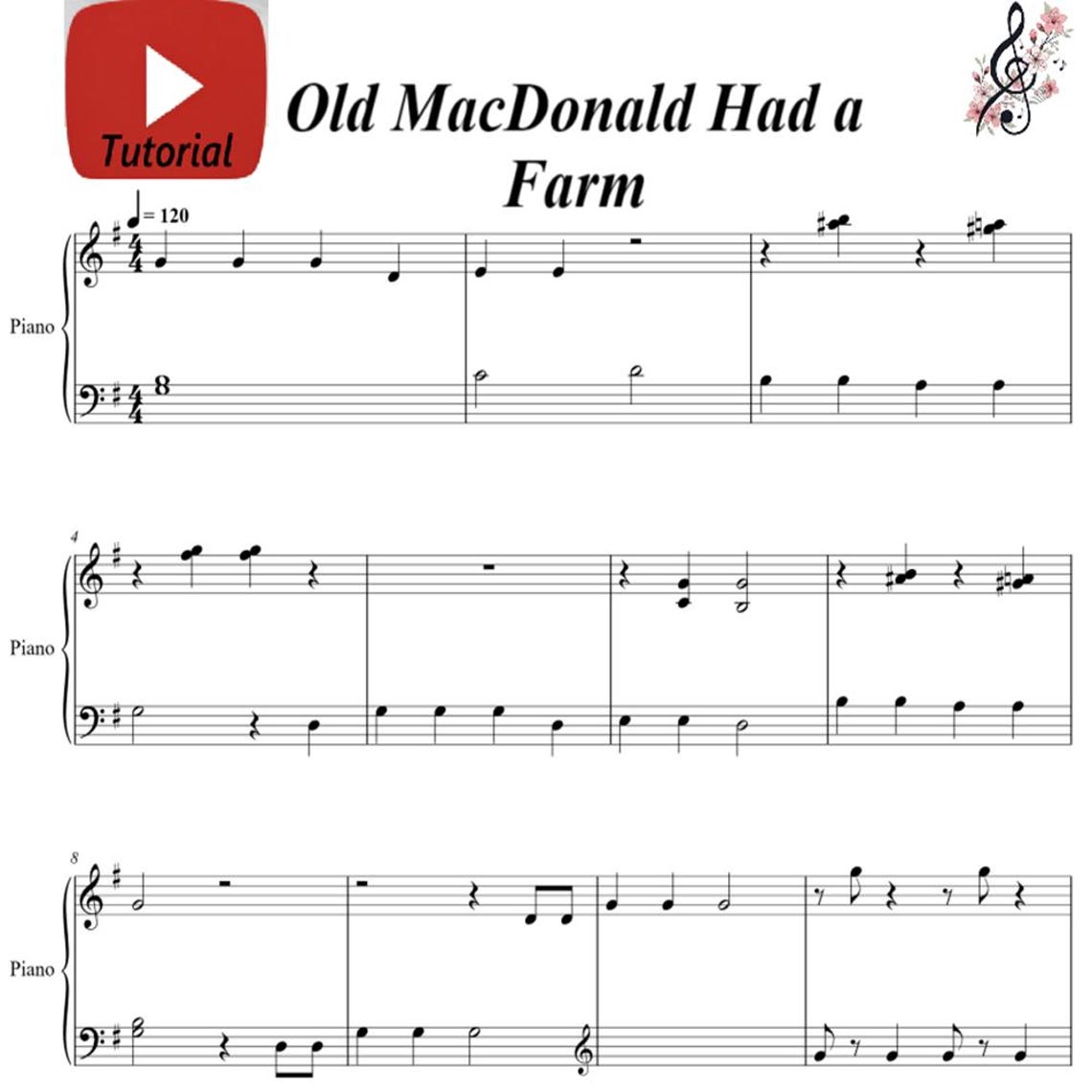 Old Macdonald Piano Sheets+youtube Tutorial Digital Download, Printable ...