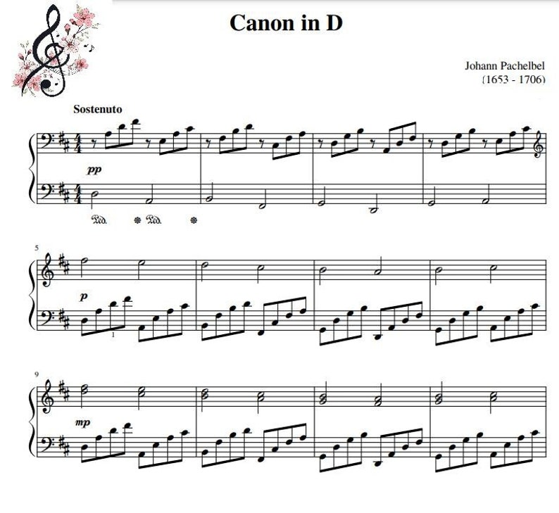 Canon in D Piano Sheet Music 4 Pages, Printable Music, Classic Music ...