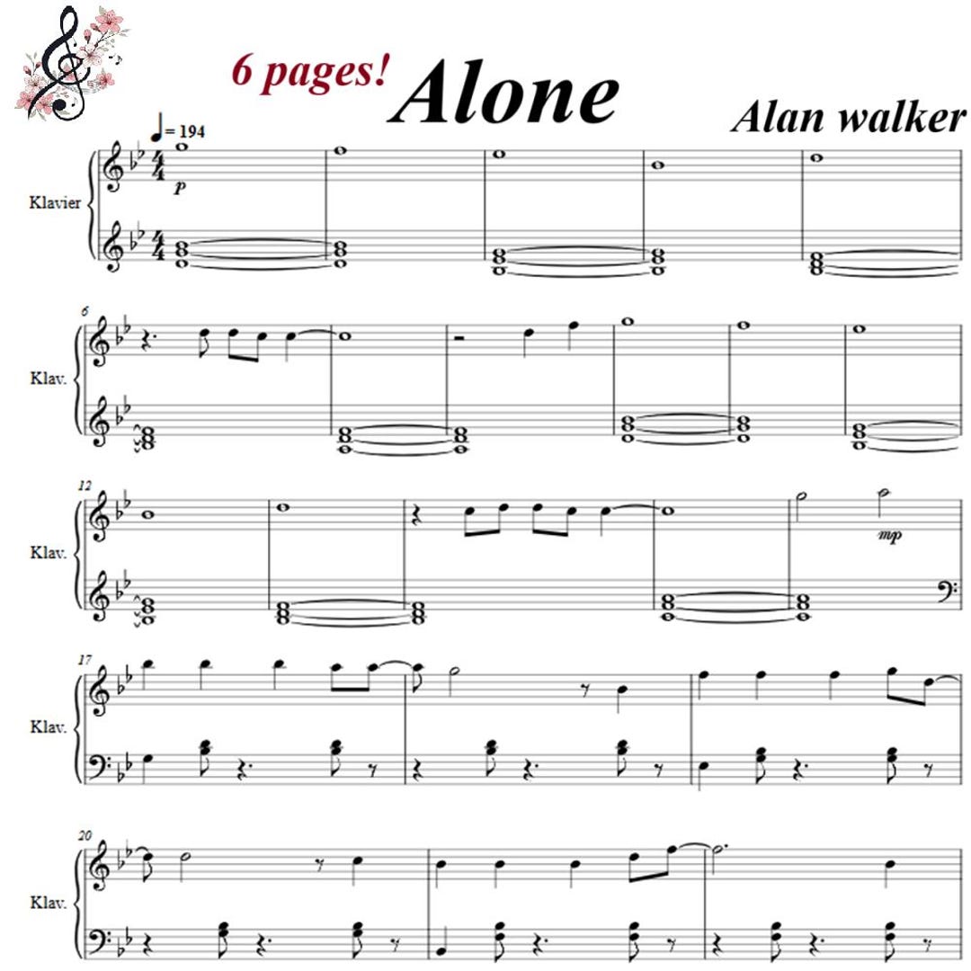 Alone Piano Sheet Music - Digital Download 6 Pages, Printable Music ...
