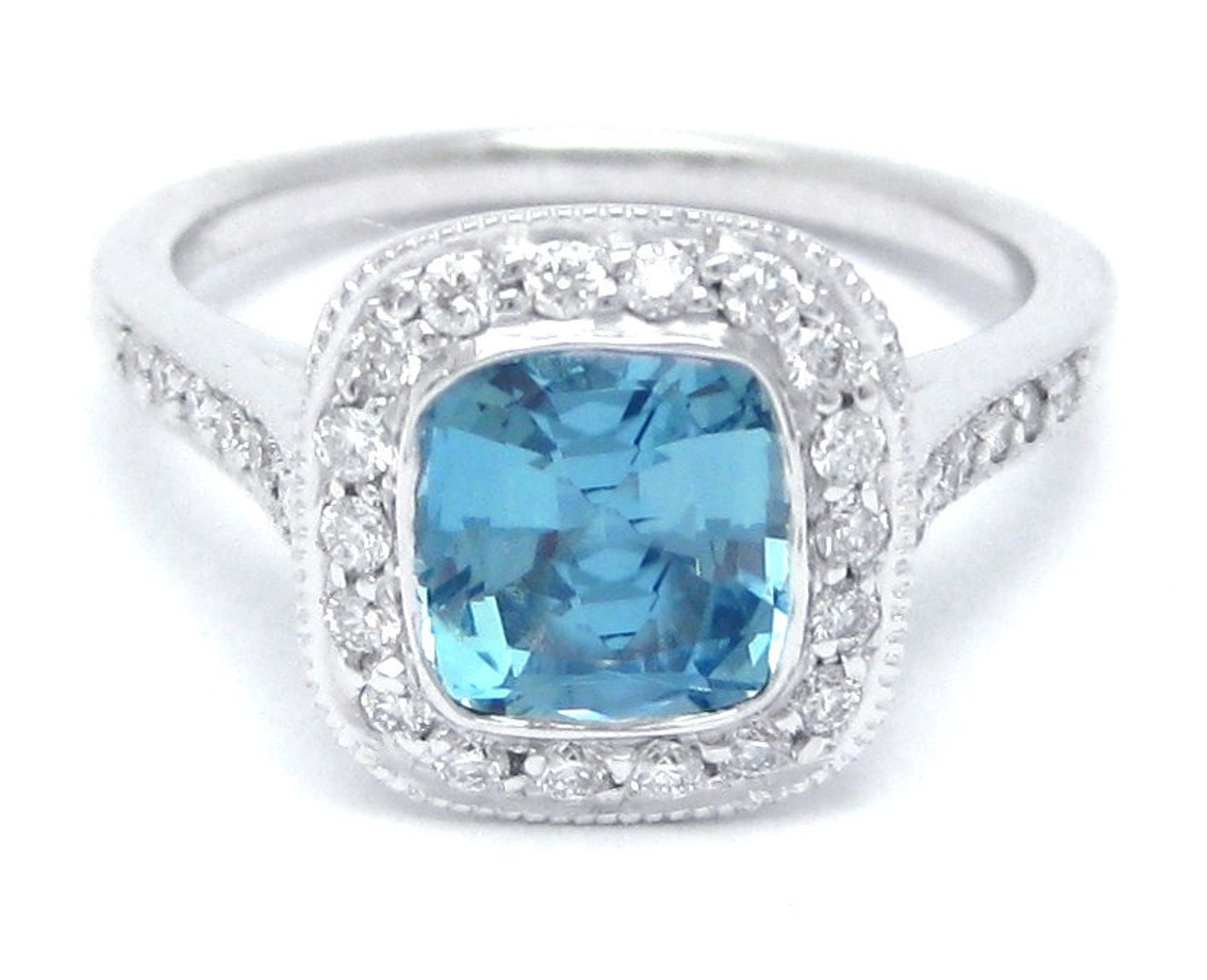 Cushion Cut Antique Style Aquamarine & Diamonds Engagement Ring AQ100 ...
