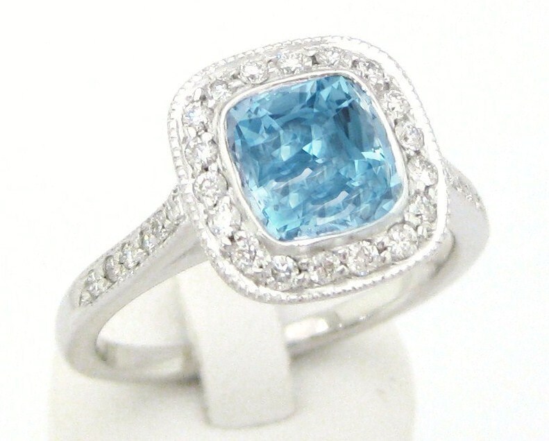 Cushion Cut Antique Style Aquamarine & Diamonds Engagement Ring AQ100 ...