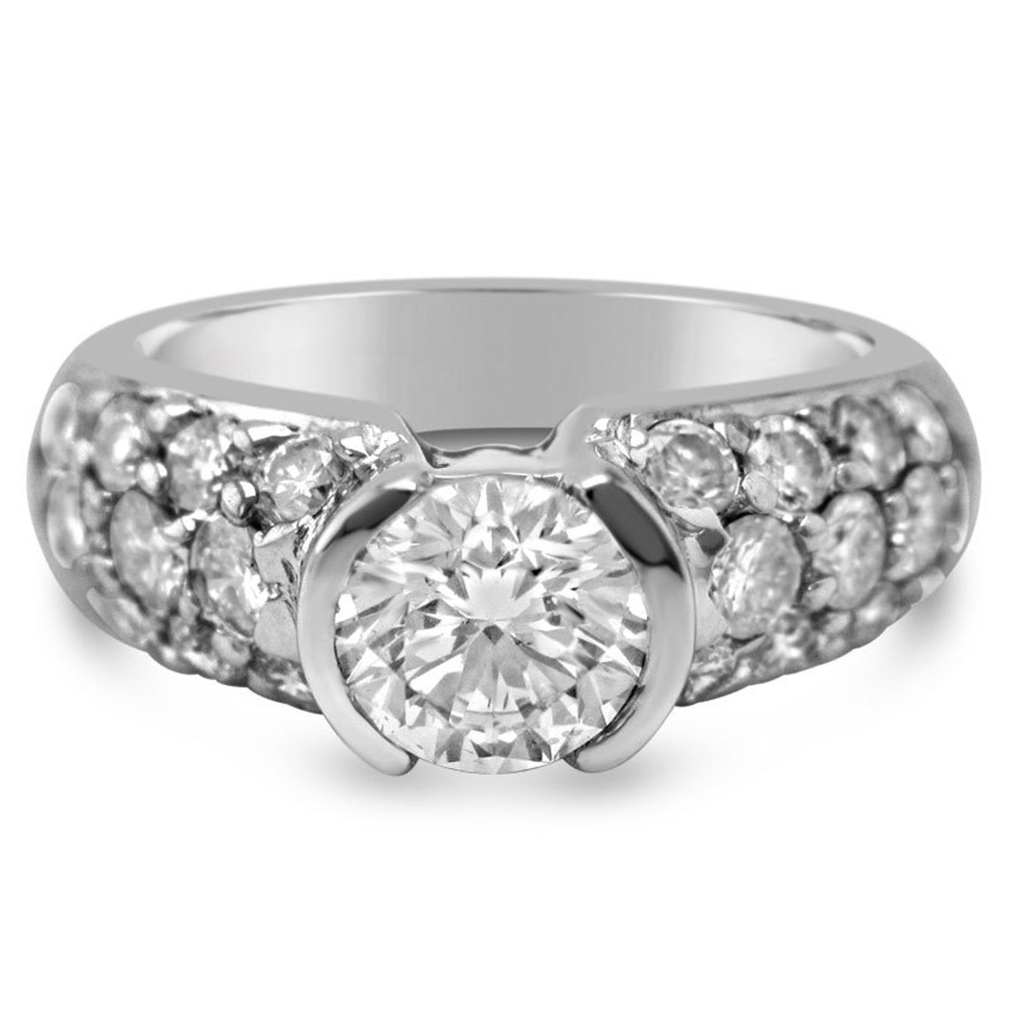 Round Cut Semi Bezel Pave Diamond Engagement Ring Etoile Style R18 - Etsy