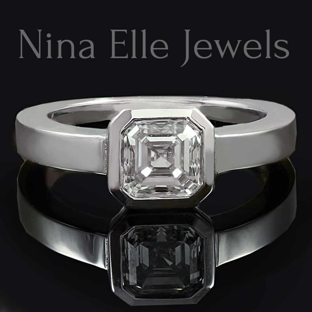 Asscher Cut Bezel Set Solitaire Diamond Engagement Ring A15 - Etsy