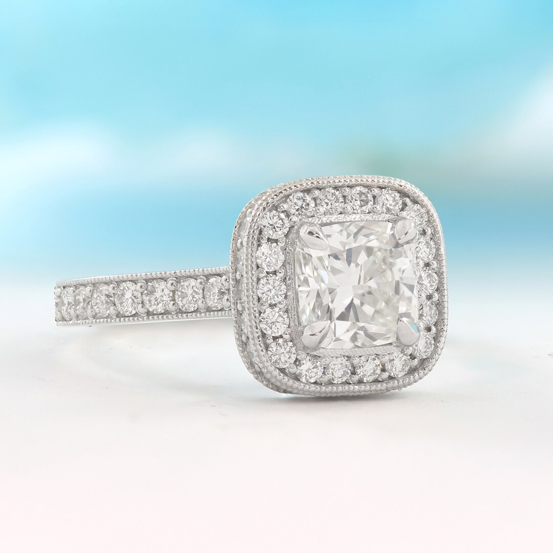 Cushion Cut Antique Halo Style Diamond Engagement Ring 14k White Gold ...