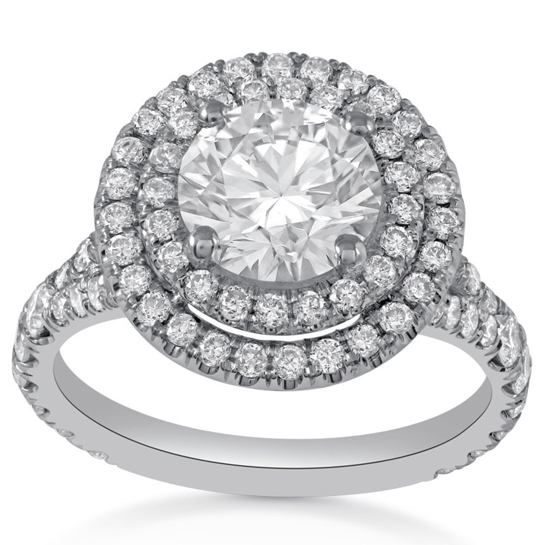 Round Cut Double Halo Split Shank Diamond Engagement Ring R217 - Etsy