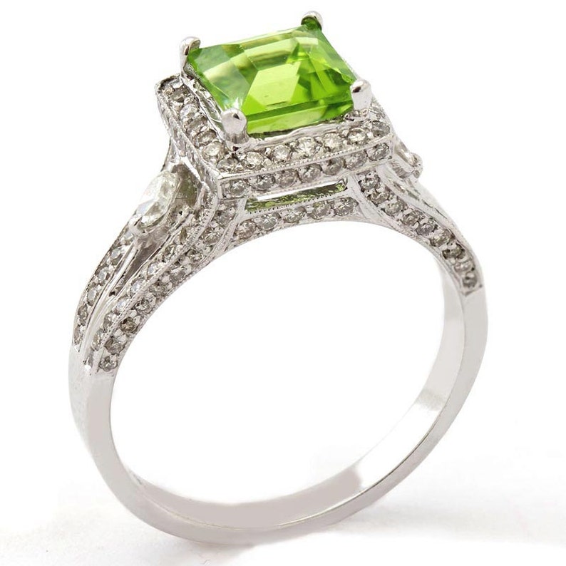 Princess Cut Peridot & Diamonds Antique Style Engagement Ring PAR100 - Etsy